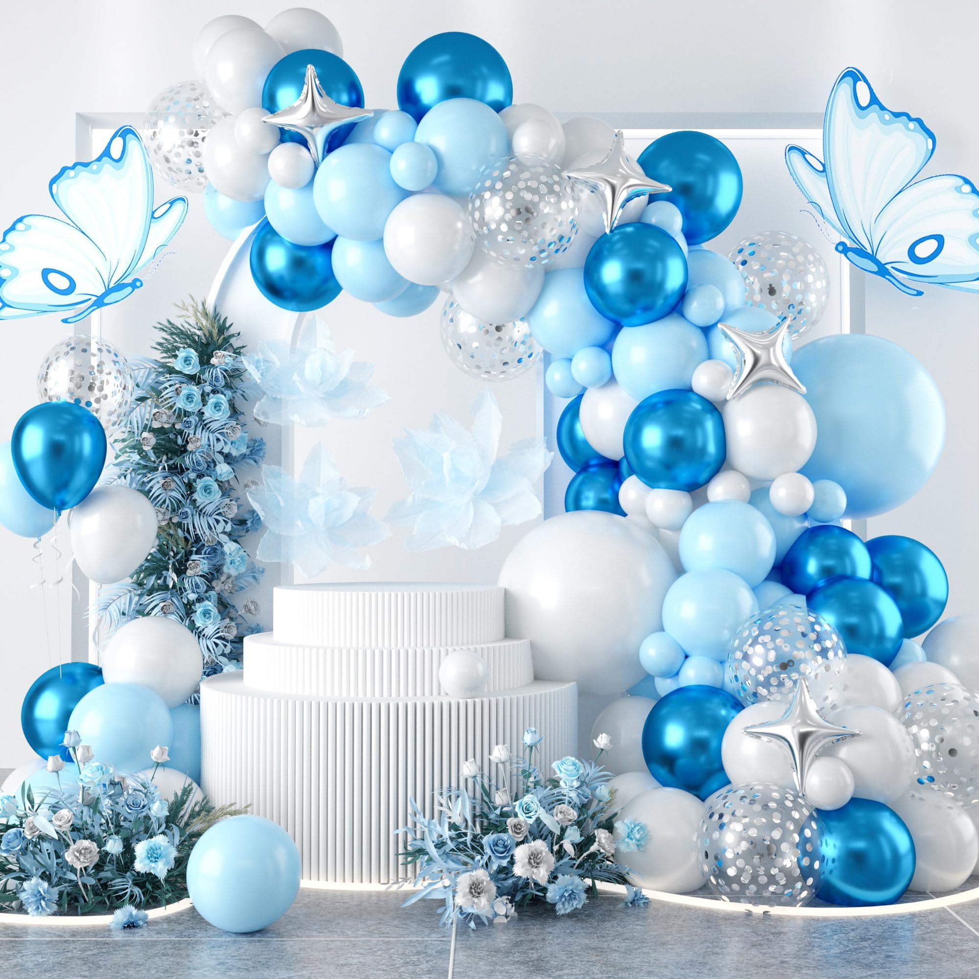 Blue Silver Balloon Arch Kit, 111pcs KKS1 Blue White Garland Kit with Star Foil Balloons, Blue ...