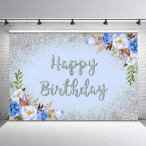 Blue and Silver Birthday Backdrop Blue Flower Sliver Bokeh Dots ...