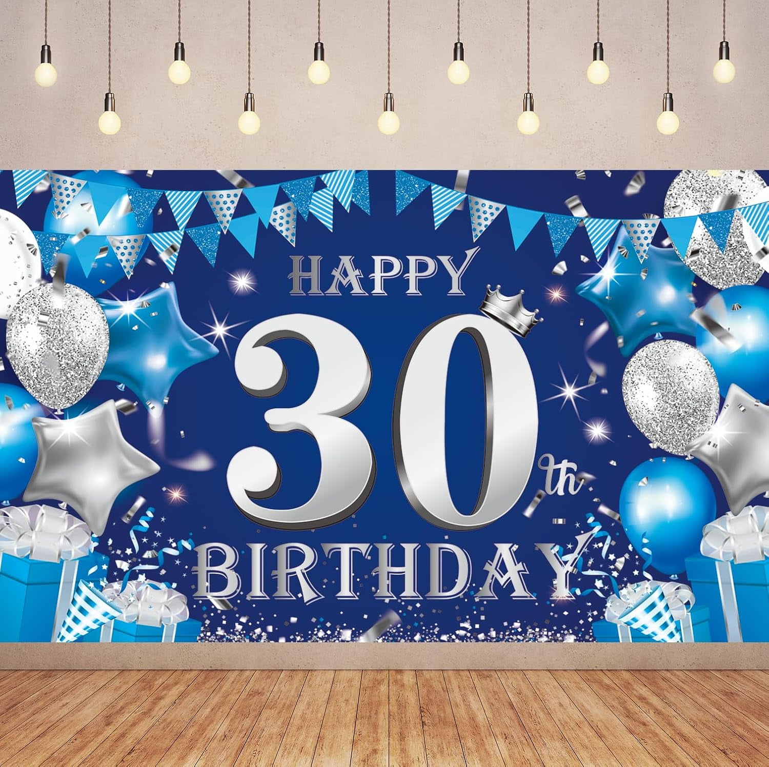 Blue and Silver Birthday Banner Party Decorations,Happy 30th Birthday ...