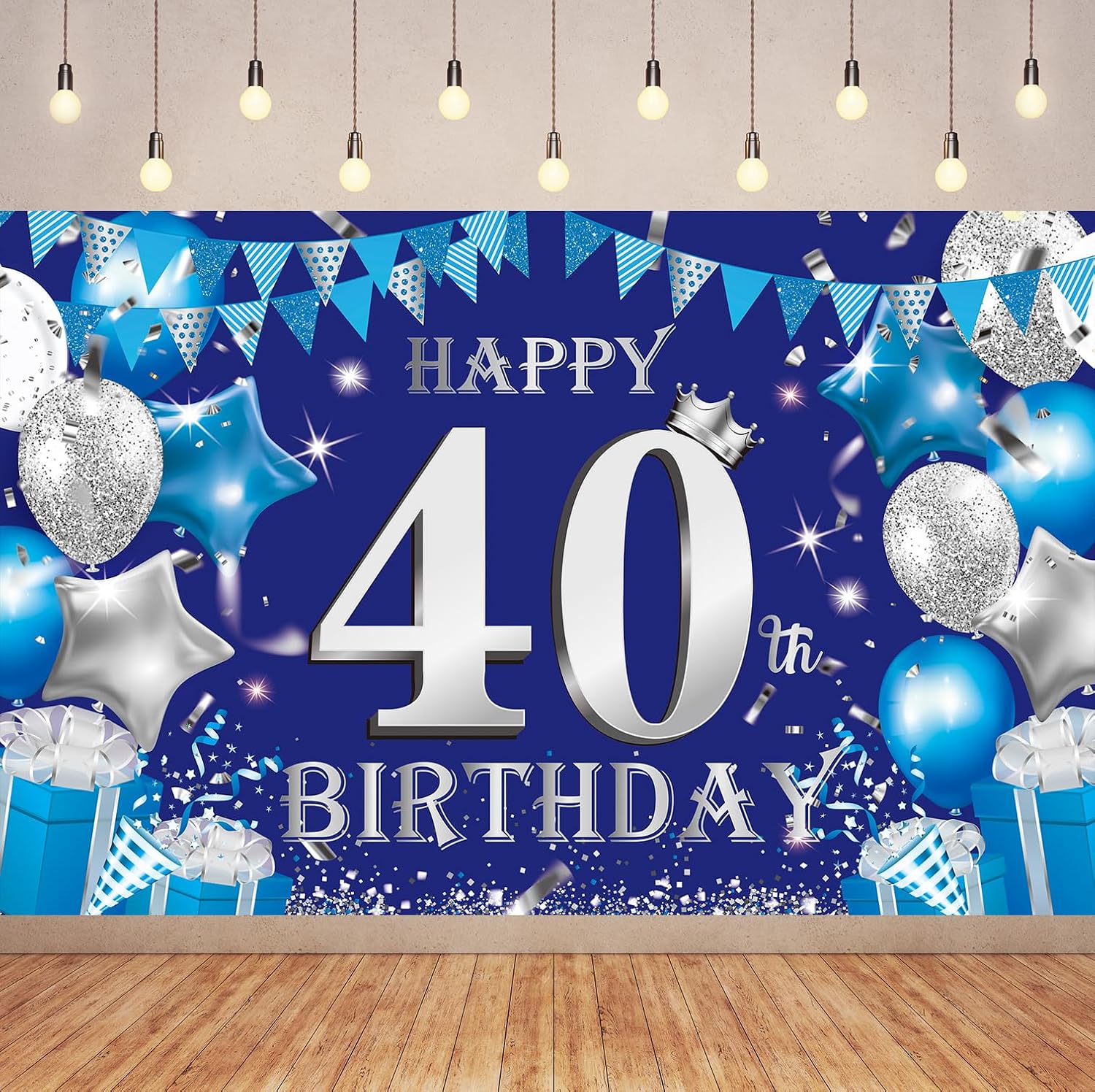 Blue Silver Birthday Banner Party Decorations,Happy 40th Birthday Backdrop Decorations,Blue ...