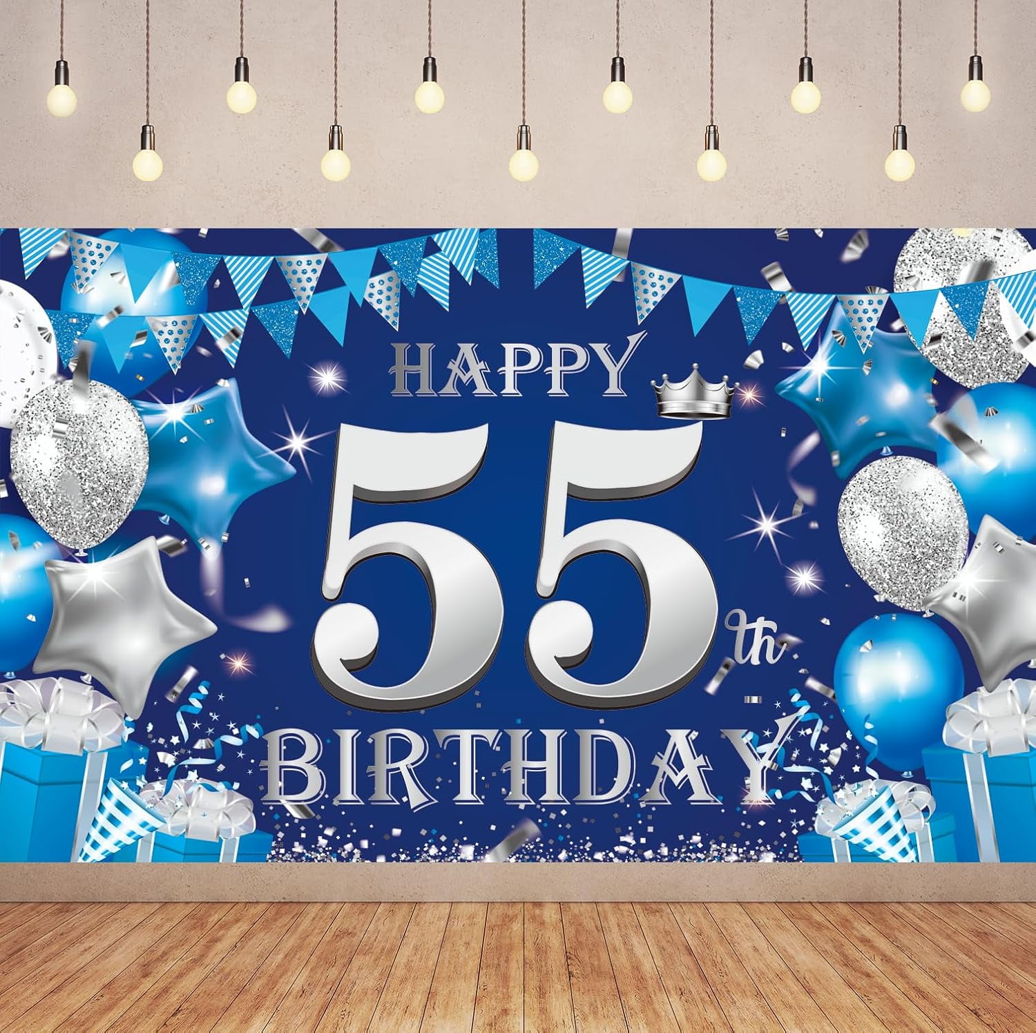 Blue and Silver Birthday Banner Party Decorations,Happy 55th Birthday Backdrop Decorations,Blue ...