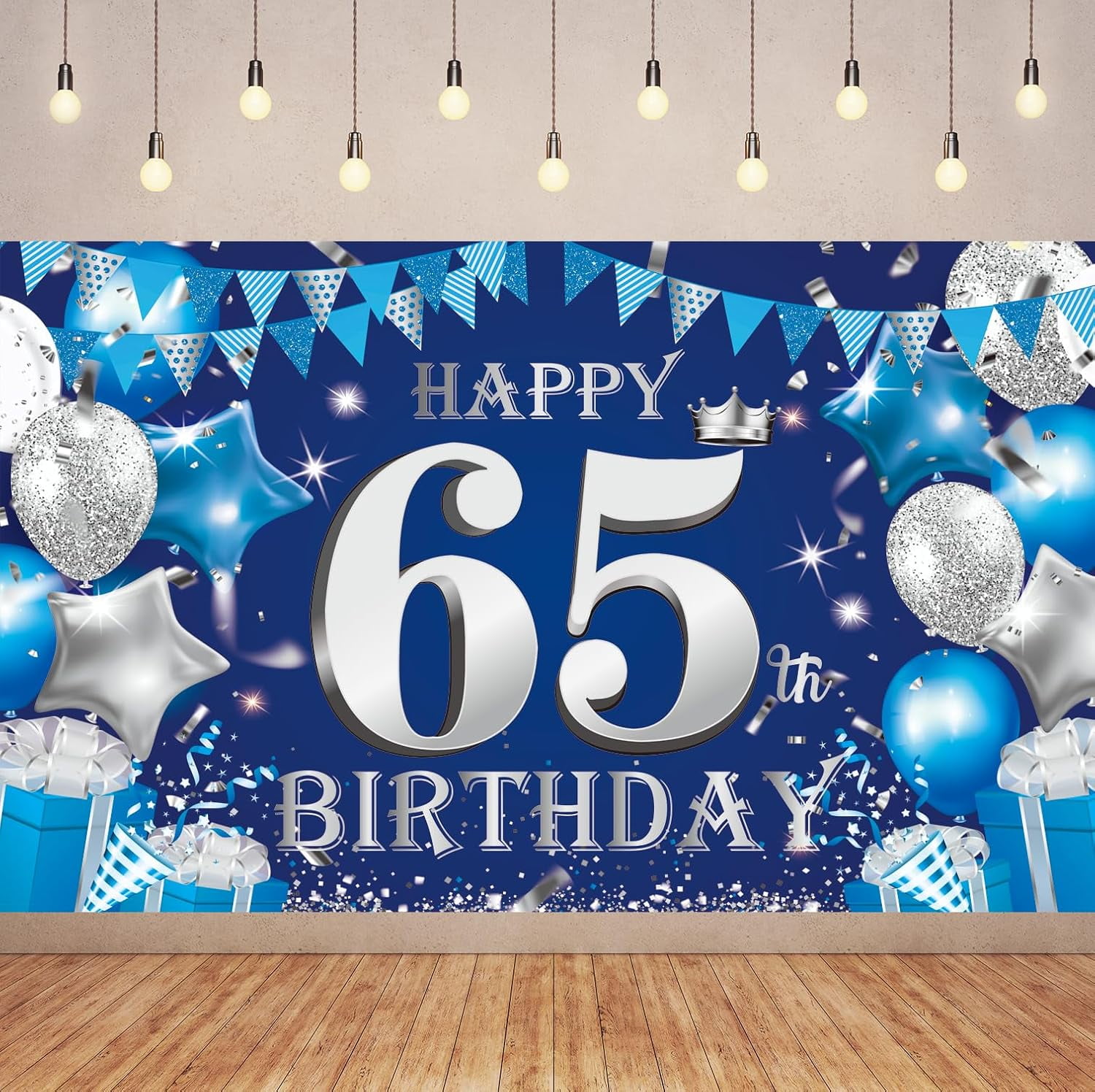 Blue and Silver Birthday Banner Party Decorations,Happy 65th Birthday ...