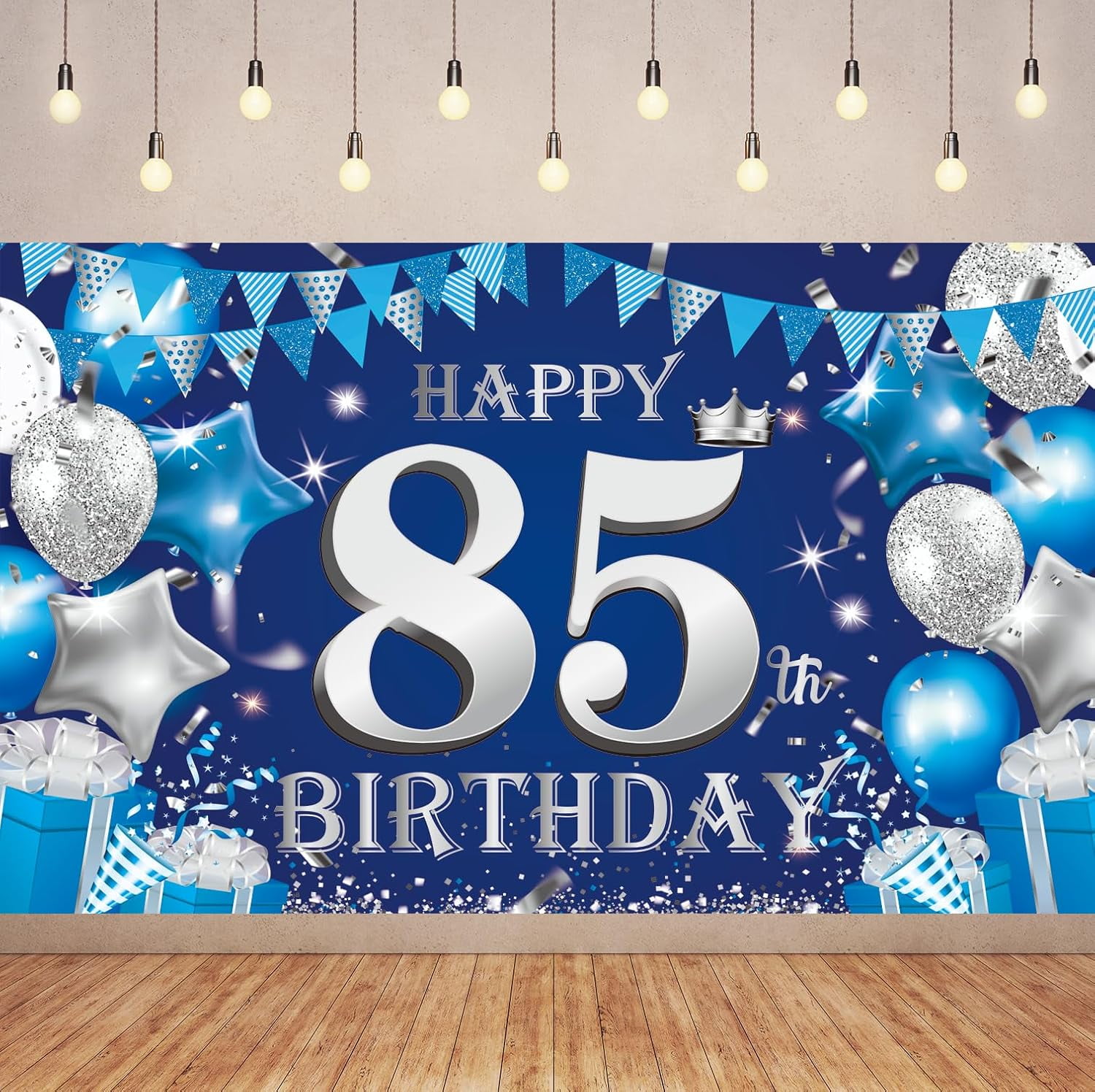 Blue and Silver Birthday Banner Party Decorations,Happy 85th Birthday ...