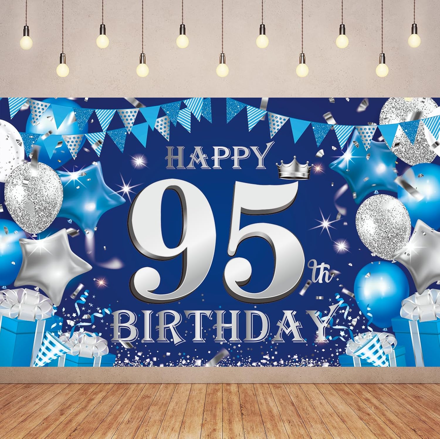 Blue and Silver Birthday Banner Party Decorations,Happy 95th Birthday Backdrop Decorations,Blue ...