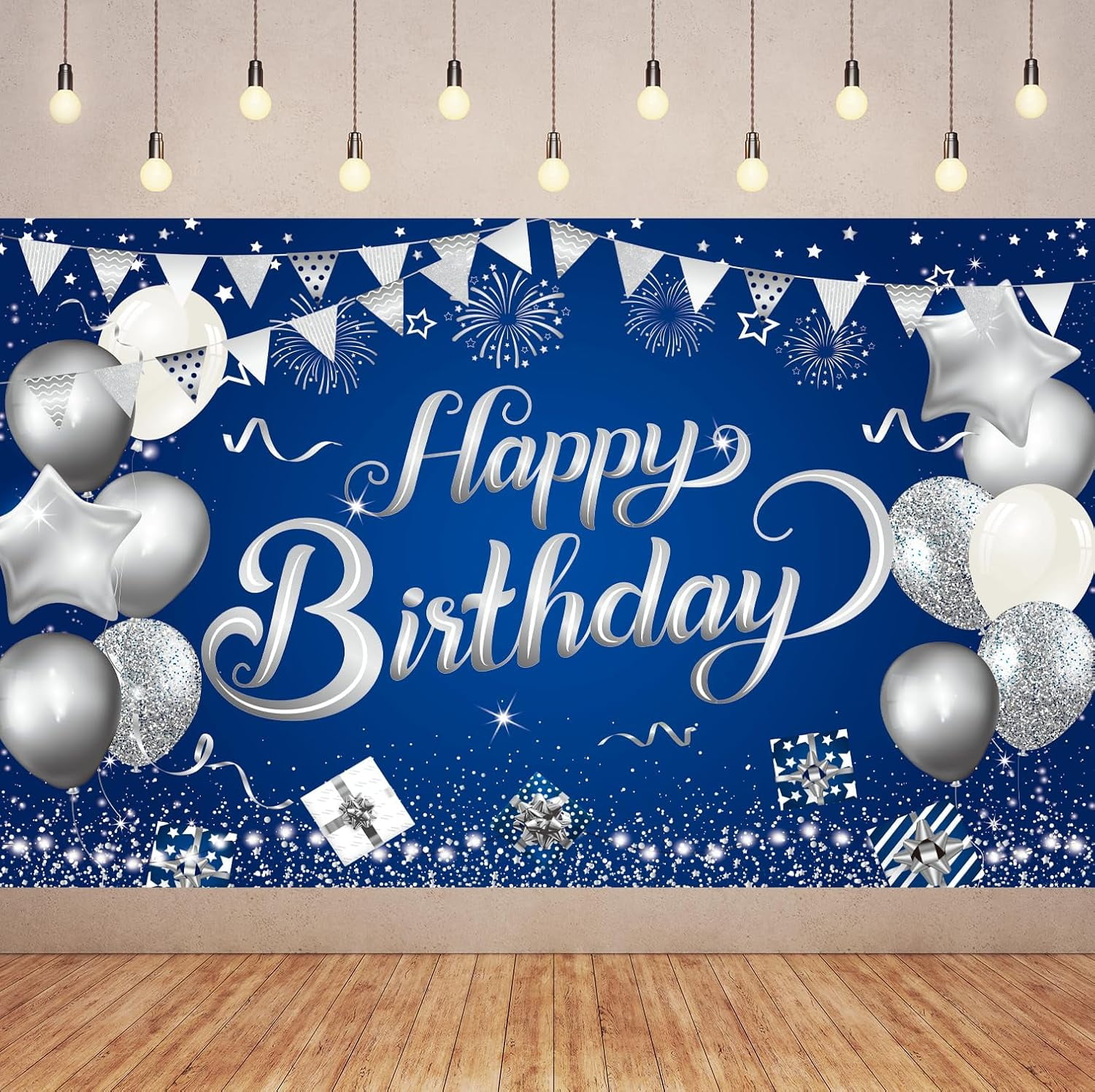 Blue and Silver Birthday Banner Party Decorations, Blue Silver Happy Birthday Backdrop ...