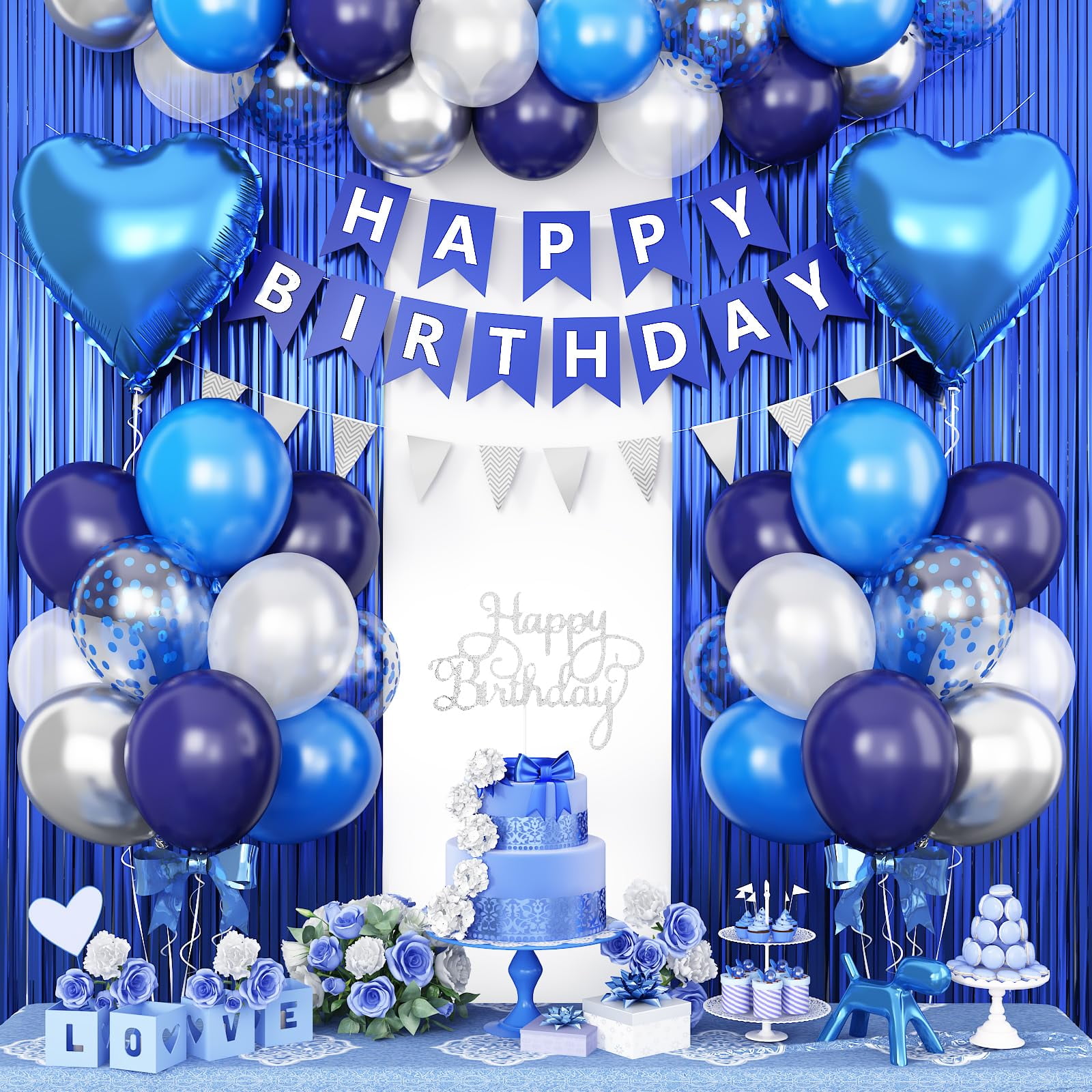 Blue Silver Birthday Decoration,Navy Blue White AFN1Balloons with Heart Foil Balloons Gold Happy ...