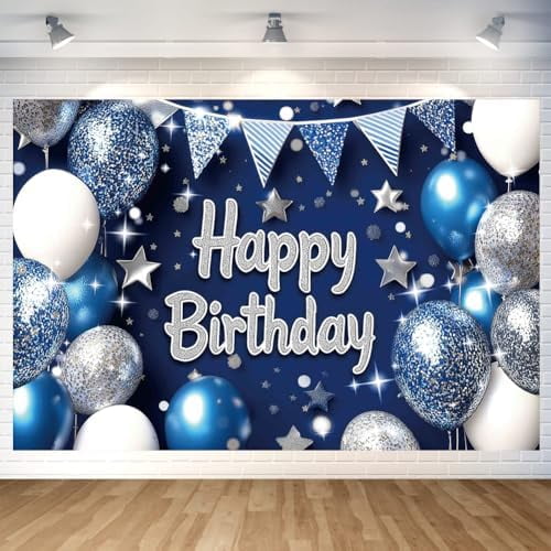 Blue Silver Birthday Party Backdrop Blue Silver Balloonar Happy ...