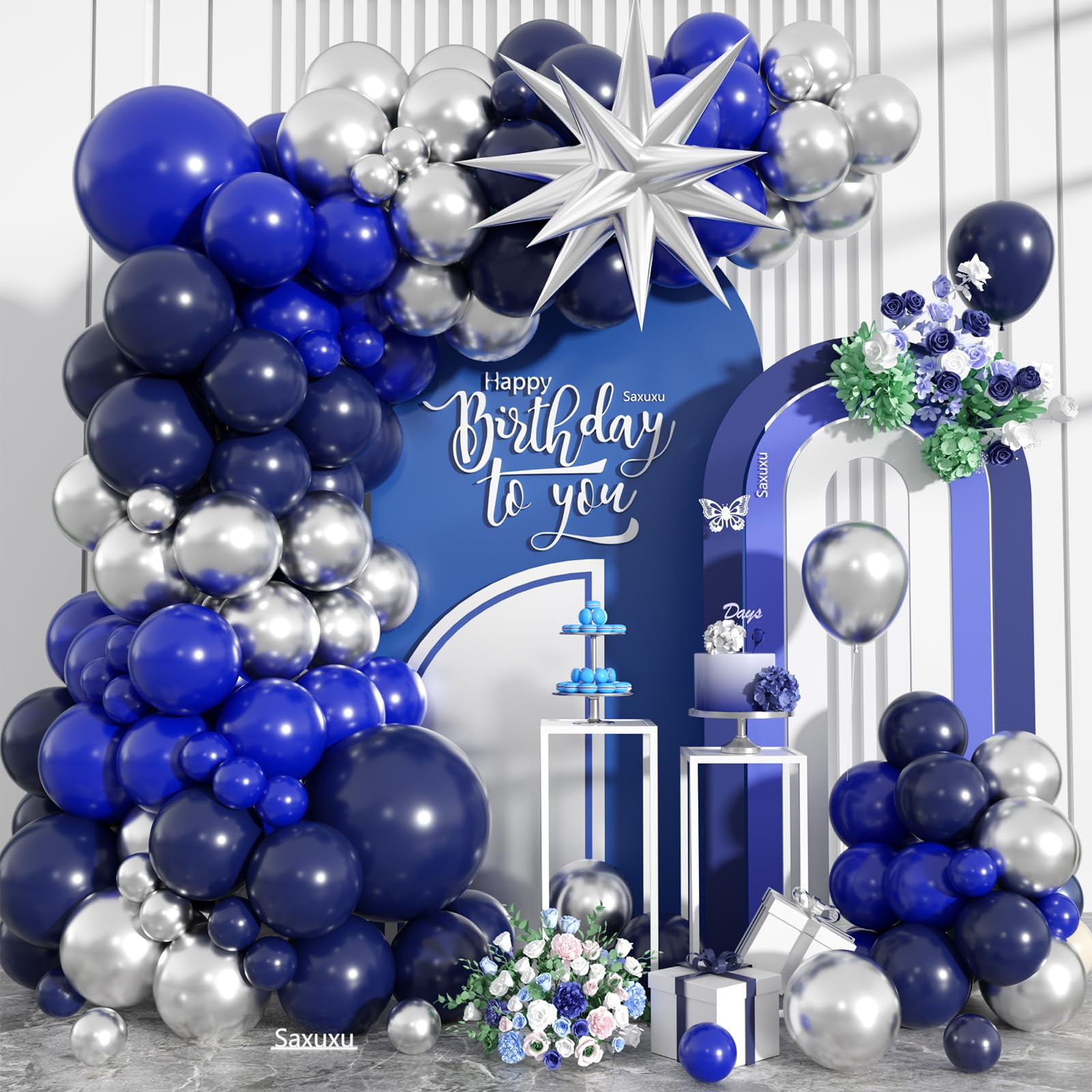 Blue And Silver FEV6 Balloon Arch Kit, Blue Silver Balloons Garland Arch Kit With Star Foil ...