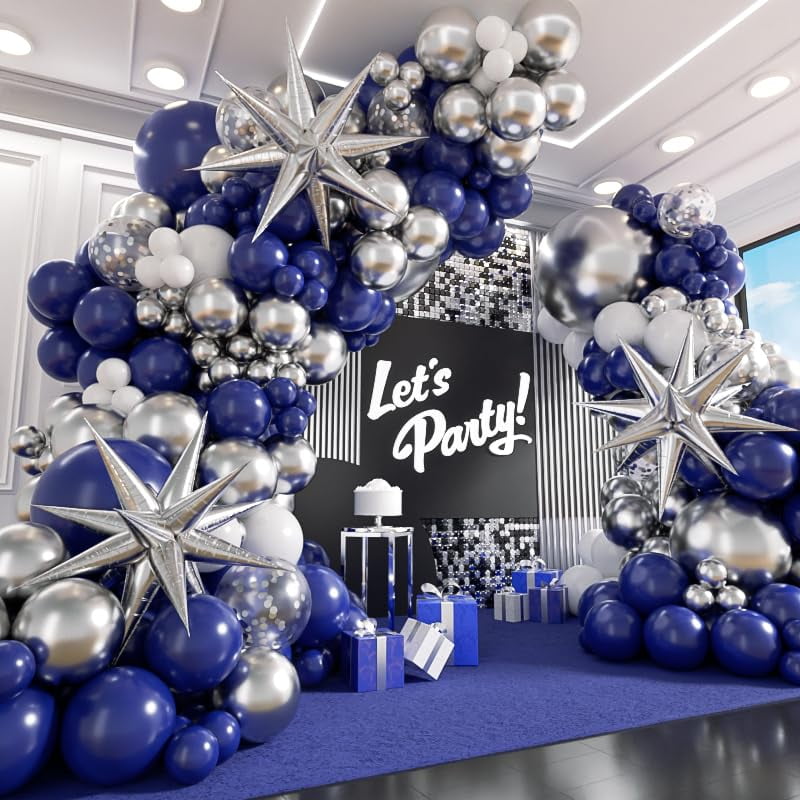 Blue and Silver FEV6 Balloon Garland Arch Kit, Blue and White Balloons with confetti balloons ...