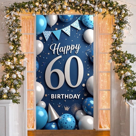 Blue Silver Glittery Happy 60th Birthday Banner Sparkling Star 60th ...