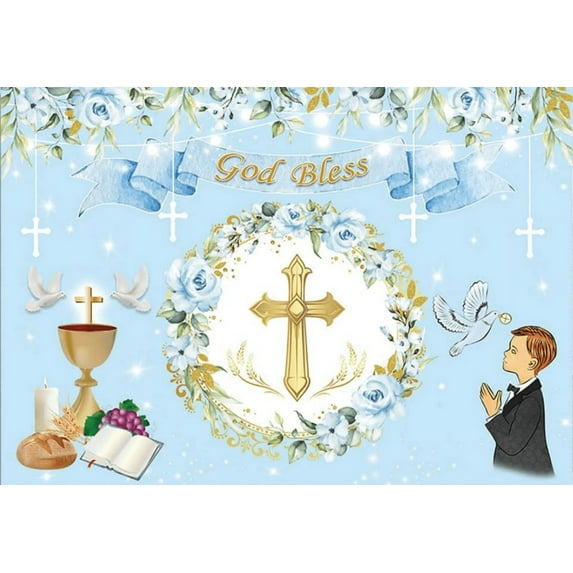 Blue Silver God Bless Backdrop Baptism First Holy Communion Christening ...