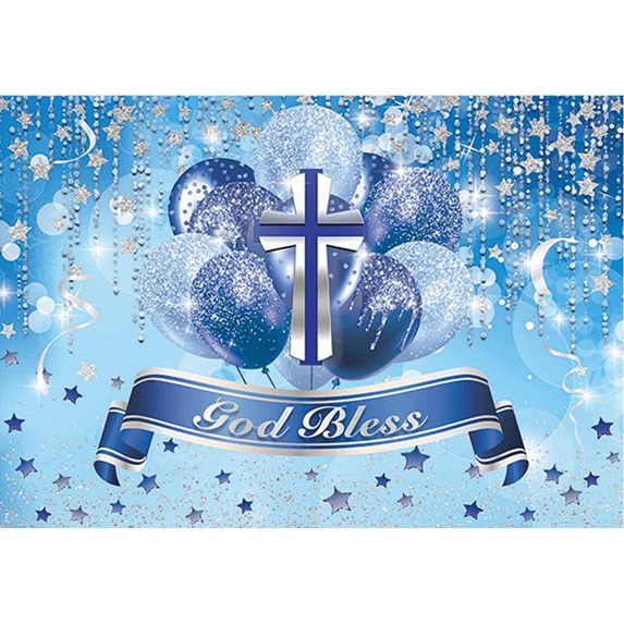 Blue Silver God Bless Backdrop Baptism First Holy Communion Christening ...