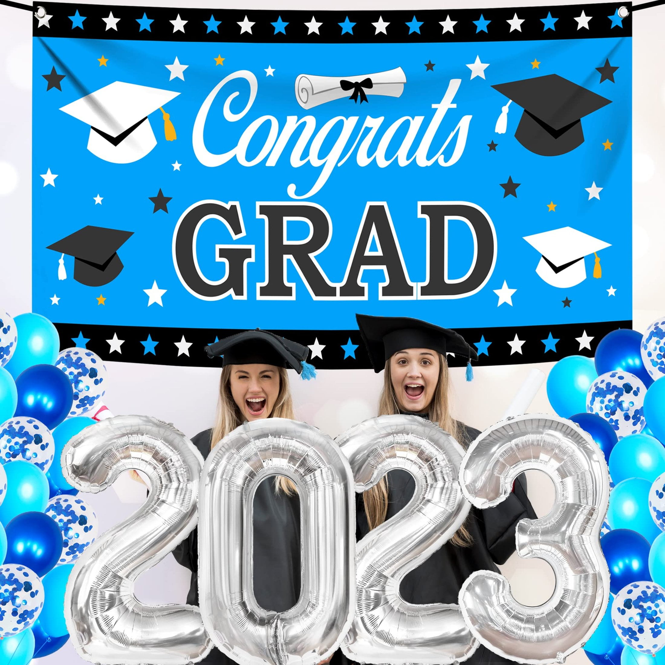 Blue Silver Grad Pack - 30 Balloons & Congrats Banner for Cl of 2023 ...