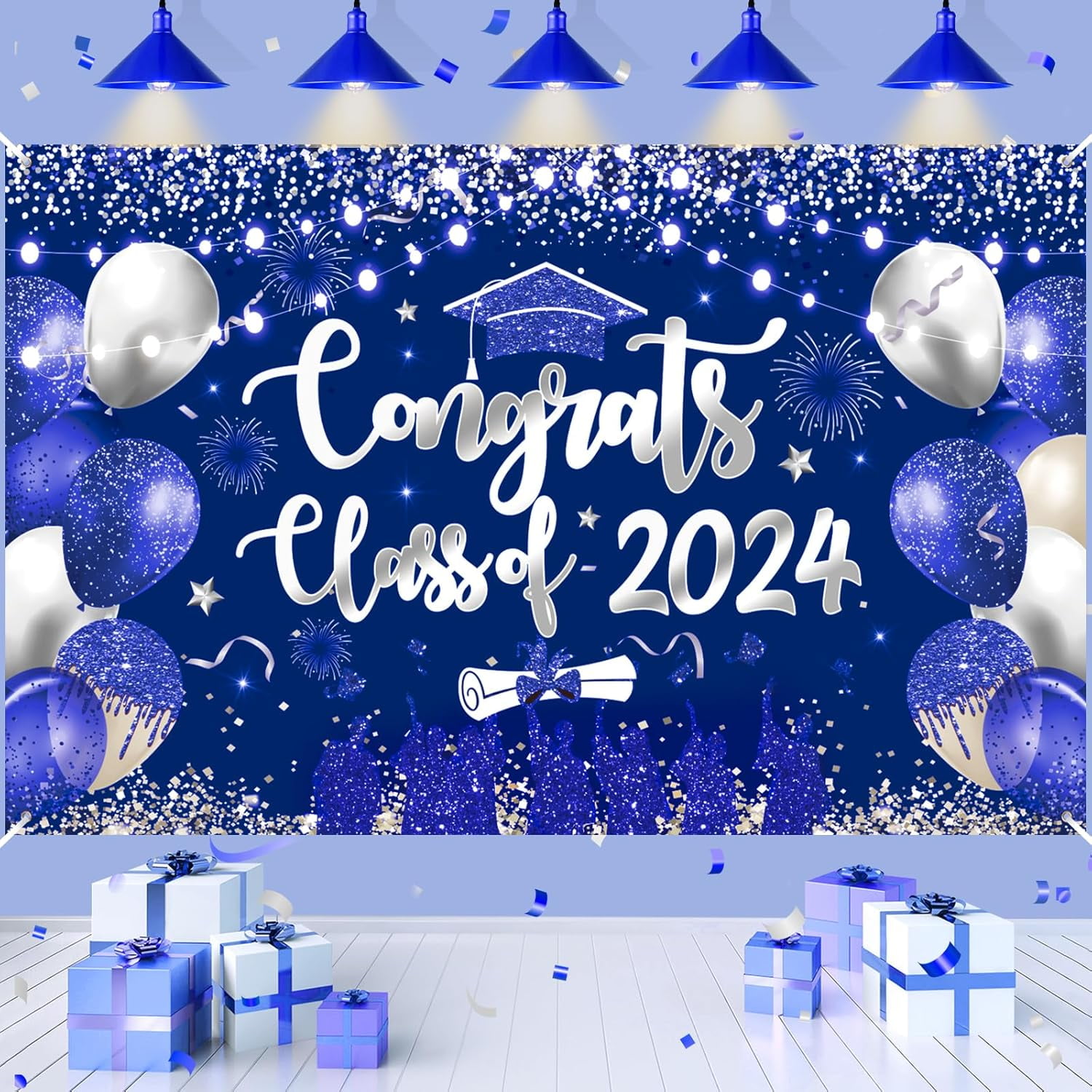 Blue Silver Graduation Decorations Banner Blue Congrats Grad Banner ...