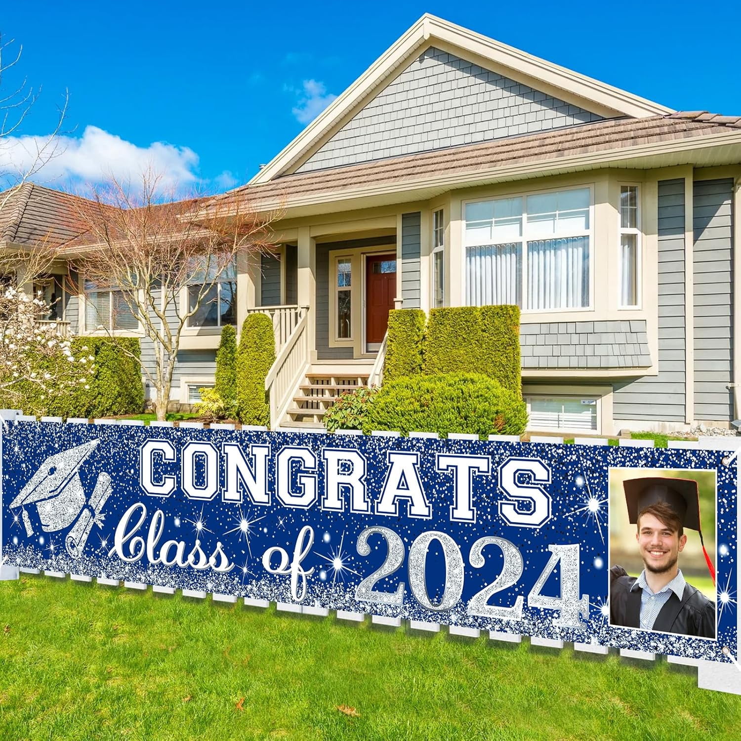 Blue Silver Graduation Decorations Banner Personalized Congrats Class ...