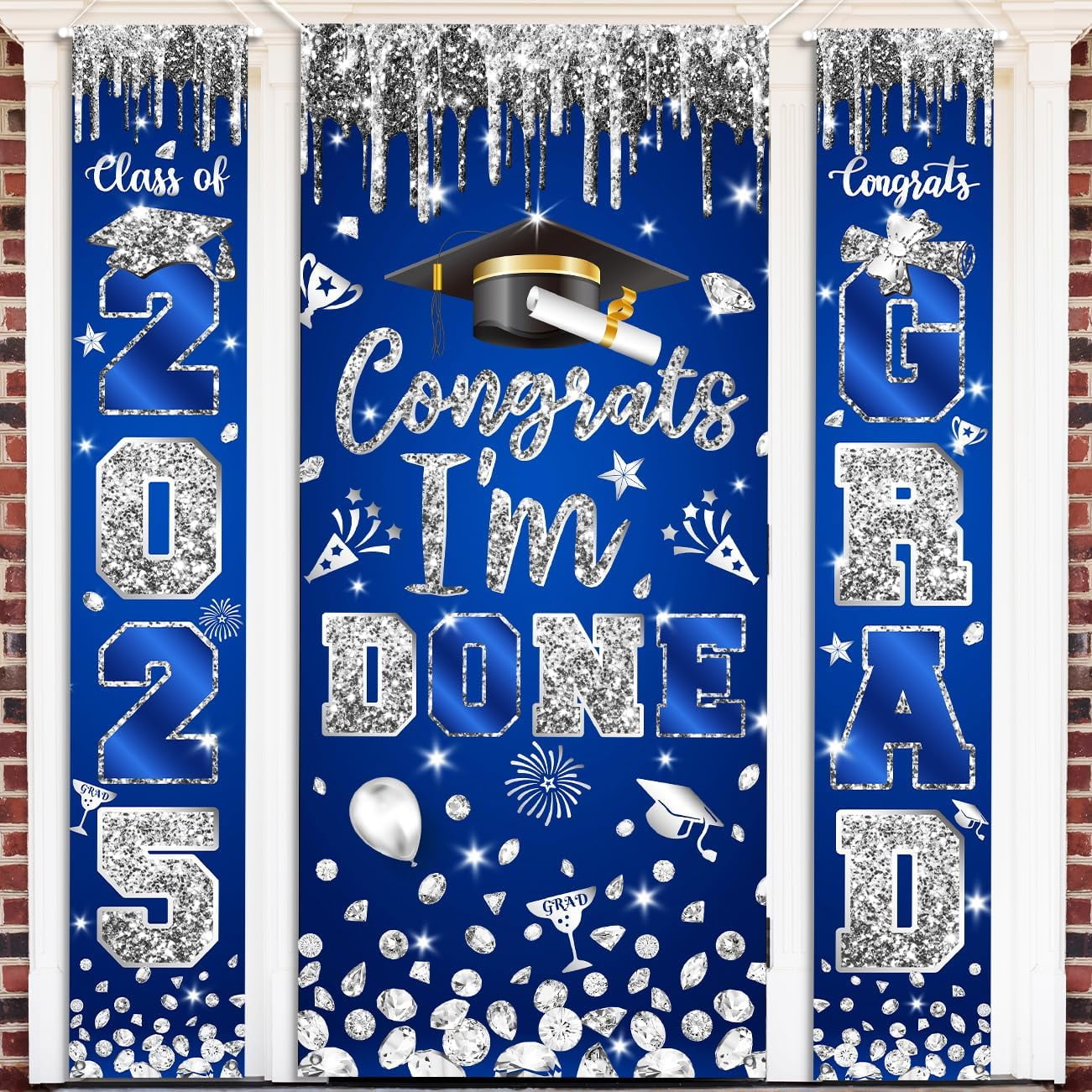 Blue and Silver Graduation Porch Sign Banner Graduation Decorations ...