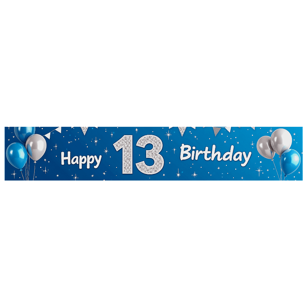 Blue and Silver Happy 13 Birthday Banner with Balloon Stars Elements ...