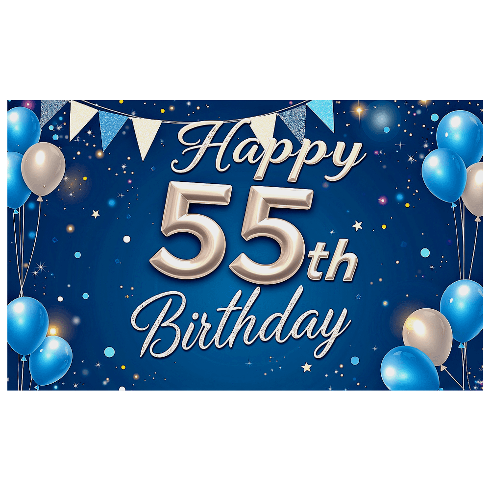 Blue and Silver Happy 55th Birthday Backdrop Banner with Balloon ...