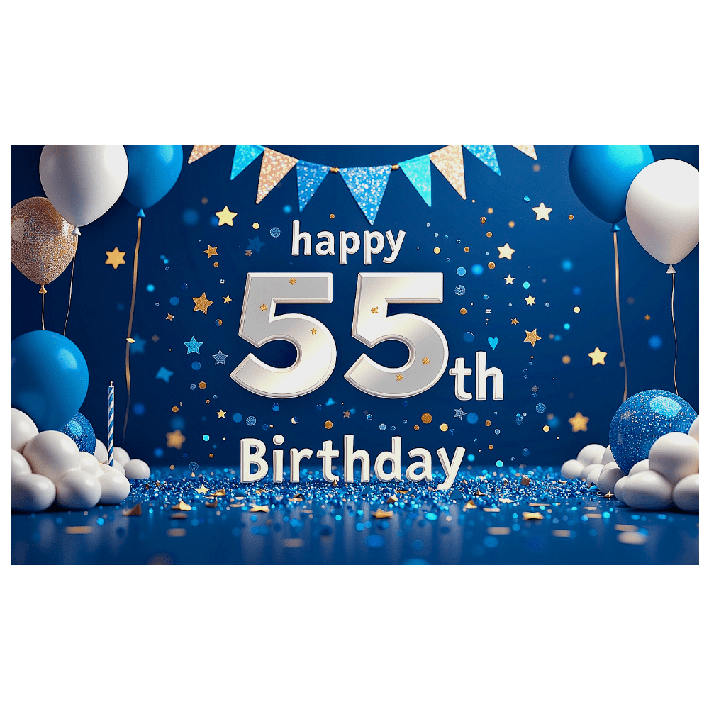 Blue and Silver Happy 55th Birthday Backdrop Banner with Balloon ...