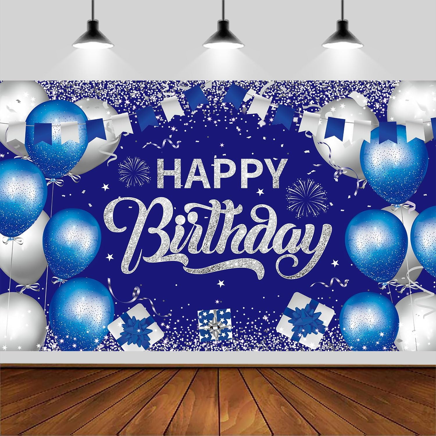 Blue Silver Happy Birthday Backdrop,Blue Silver Happy Birthday Photography Background Banner for ...