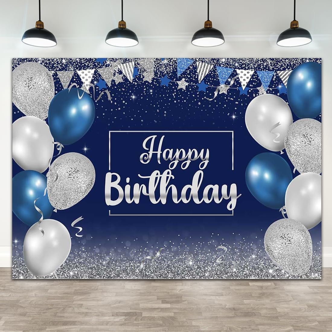 Blue and Silver Happy Birthday Banner Backdrop Decorations Balloons Party Supplies Photography ...
