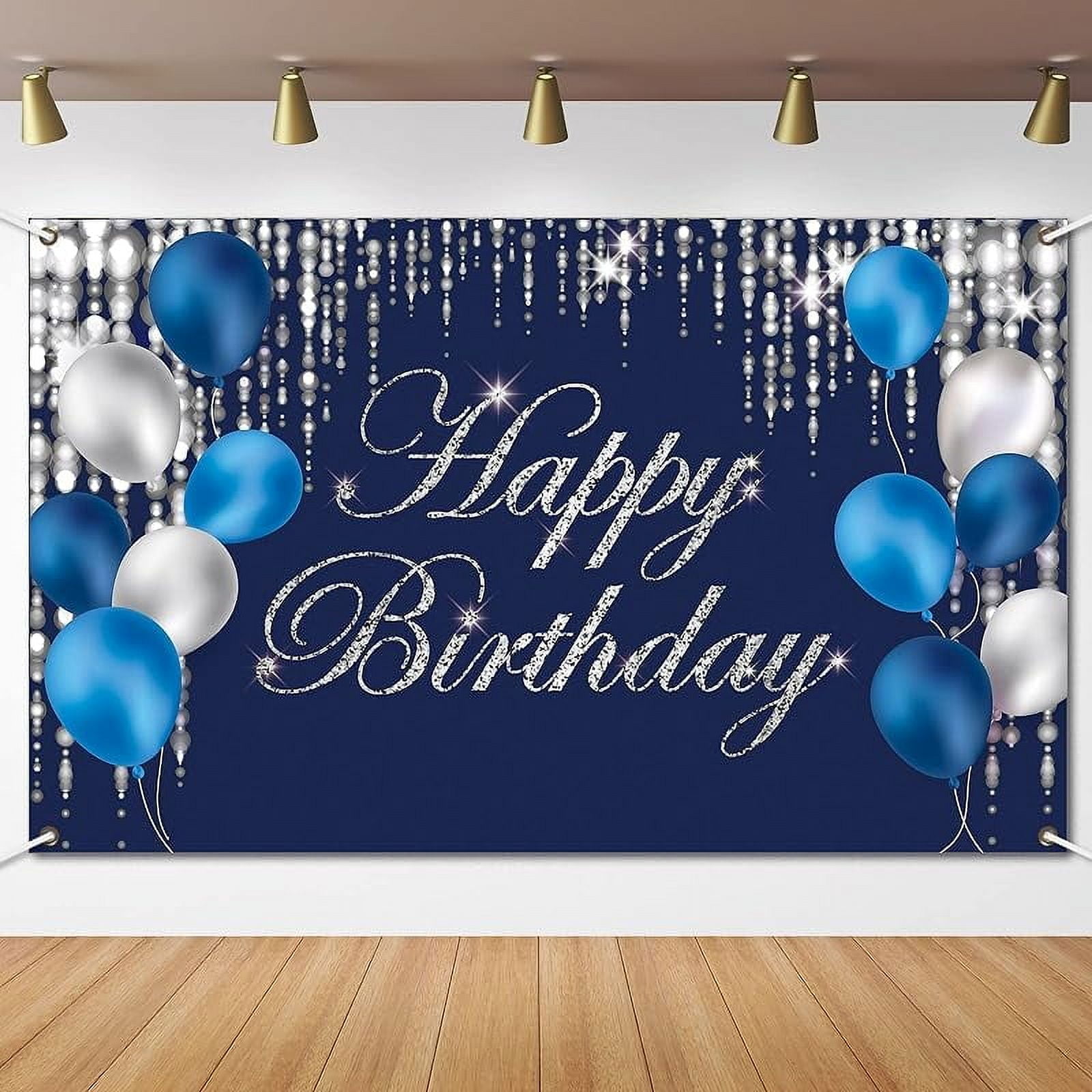 Blue Silver Happy Birthday Decorations Blue Birthday Banner Backdrop Large Happy Birthday ...