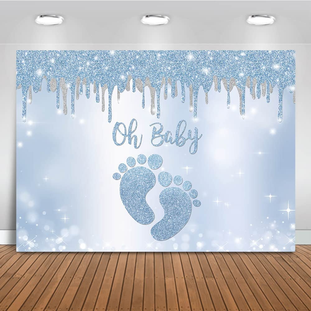 Blue Silver Oh baby backdrop little feet baby shower background for boy ...