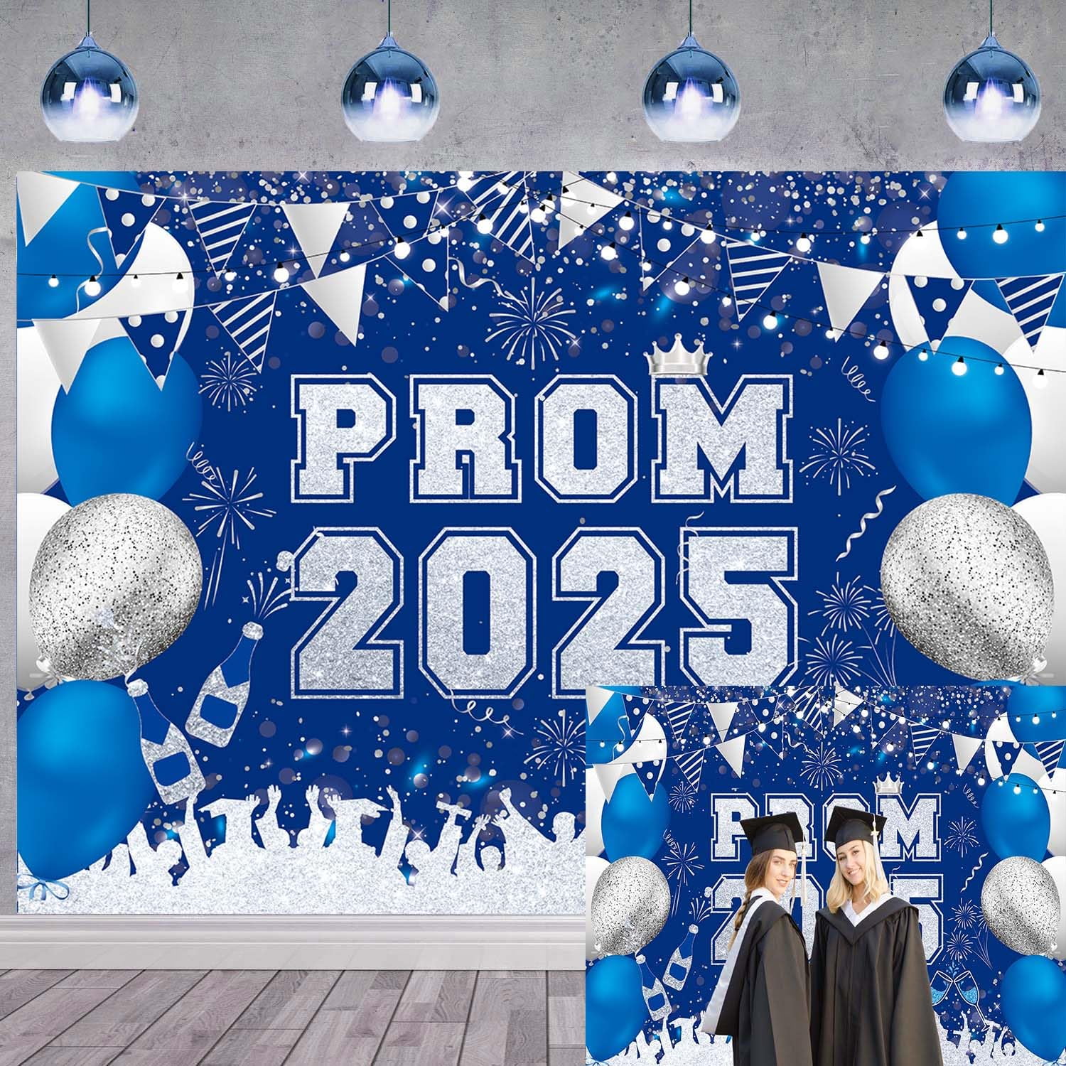 Blue Silver Prom Backdrop 2025 Graduation Photography Background ...