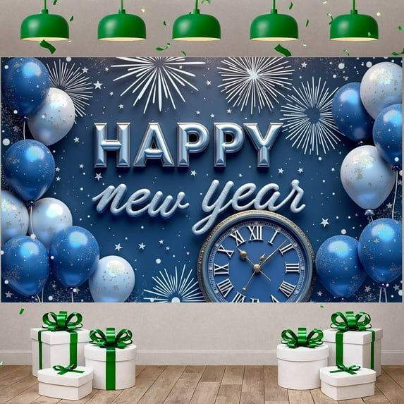 Blue Silver Theme Happy New Year Banner Metallic Balloons New Year ...