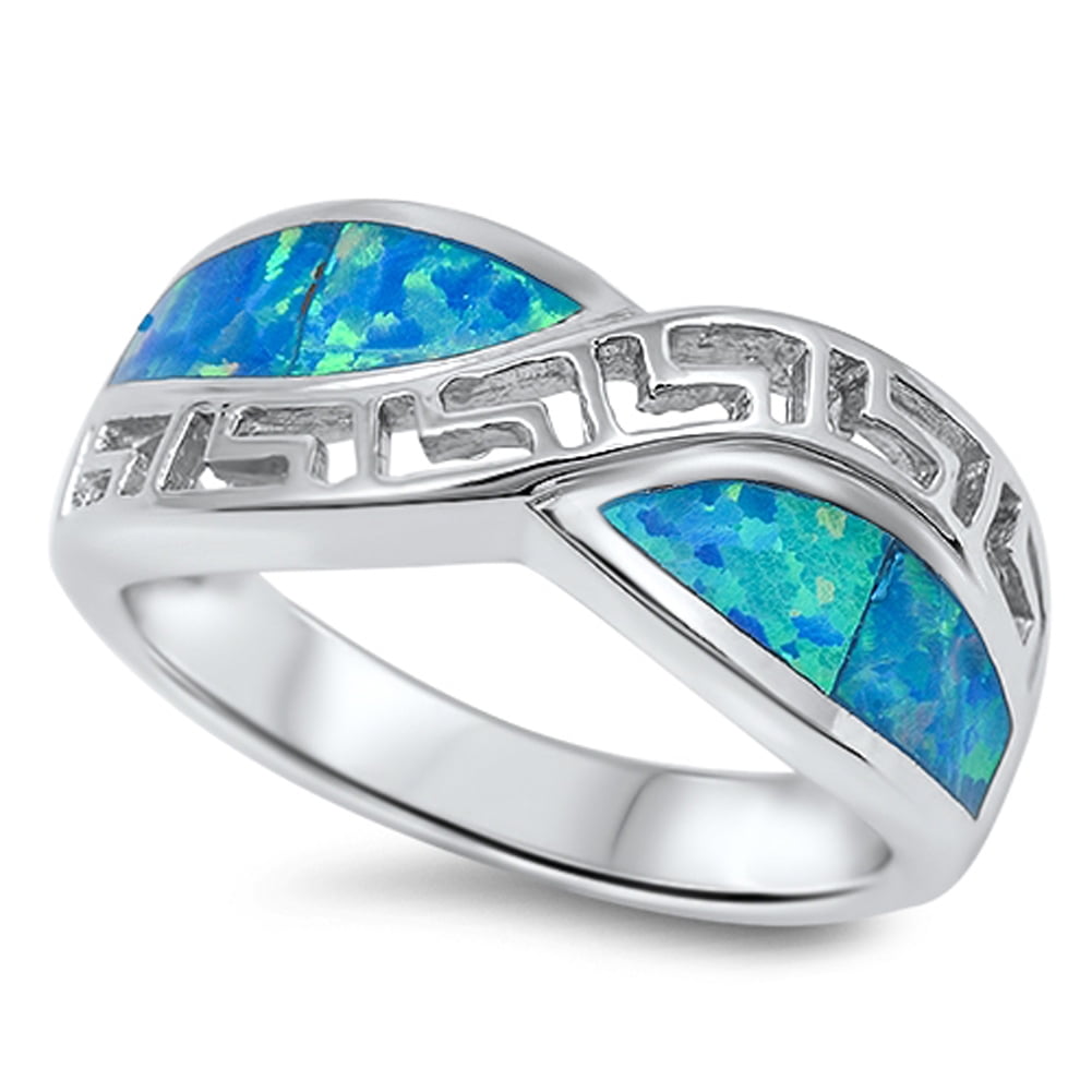 Blue Simulated Opal Greek Key Inlay Ring .925 Sterling Silver Band CZ ...