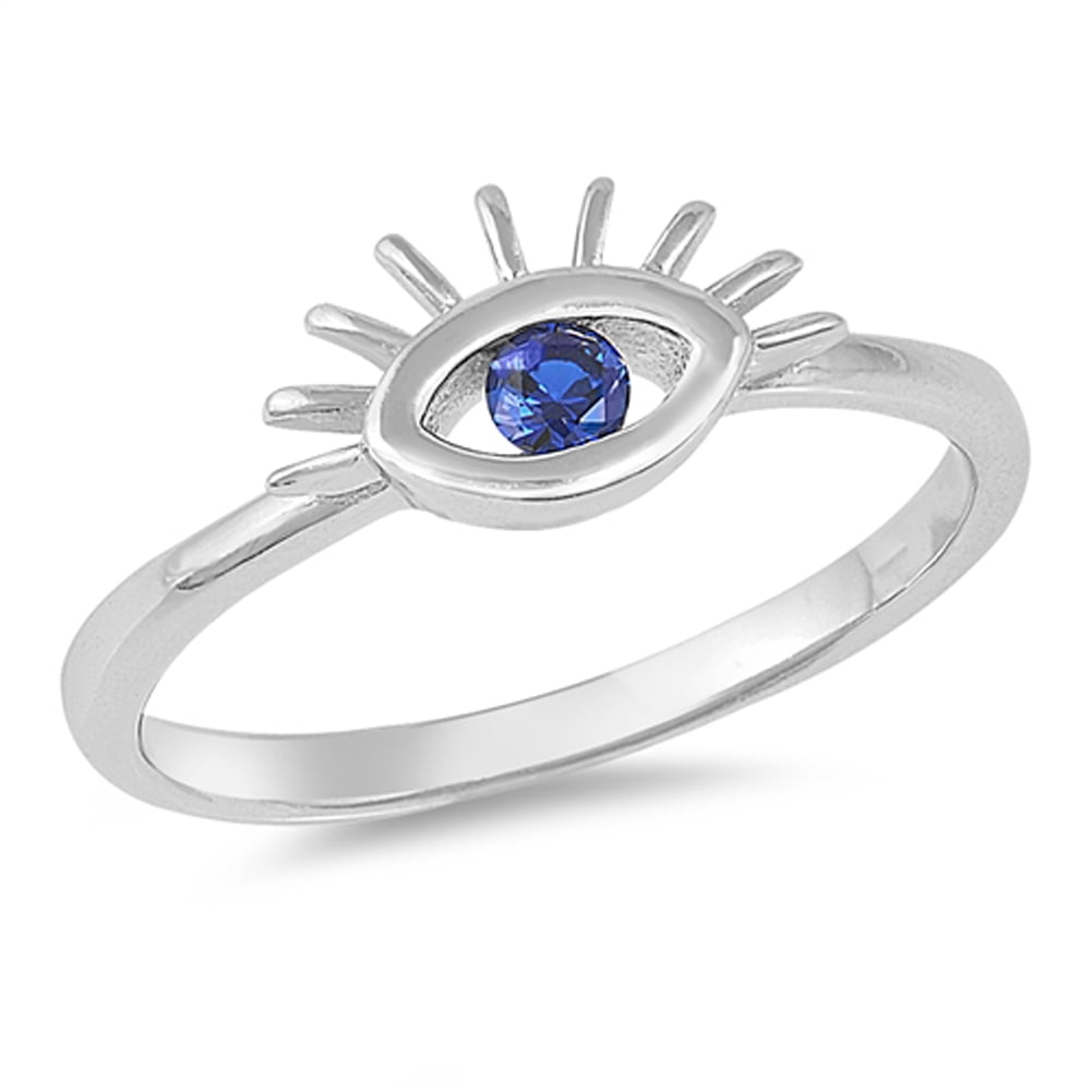 Blue Simulated Sapphire Eye Sun Happy Joy Ring .925 Sterling Silver ...