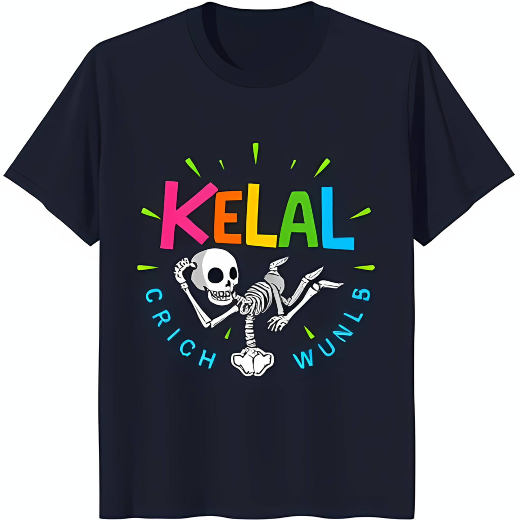 Blue Skeleton Backflip T-Shirt with Colorful 'KELAL CRICH WUNLS' Design ...