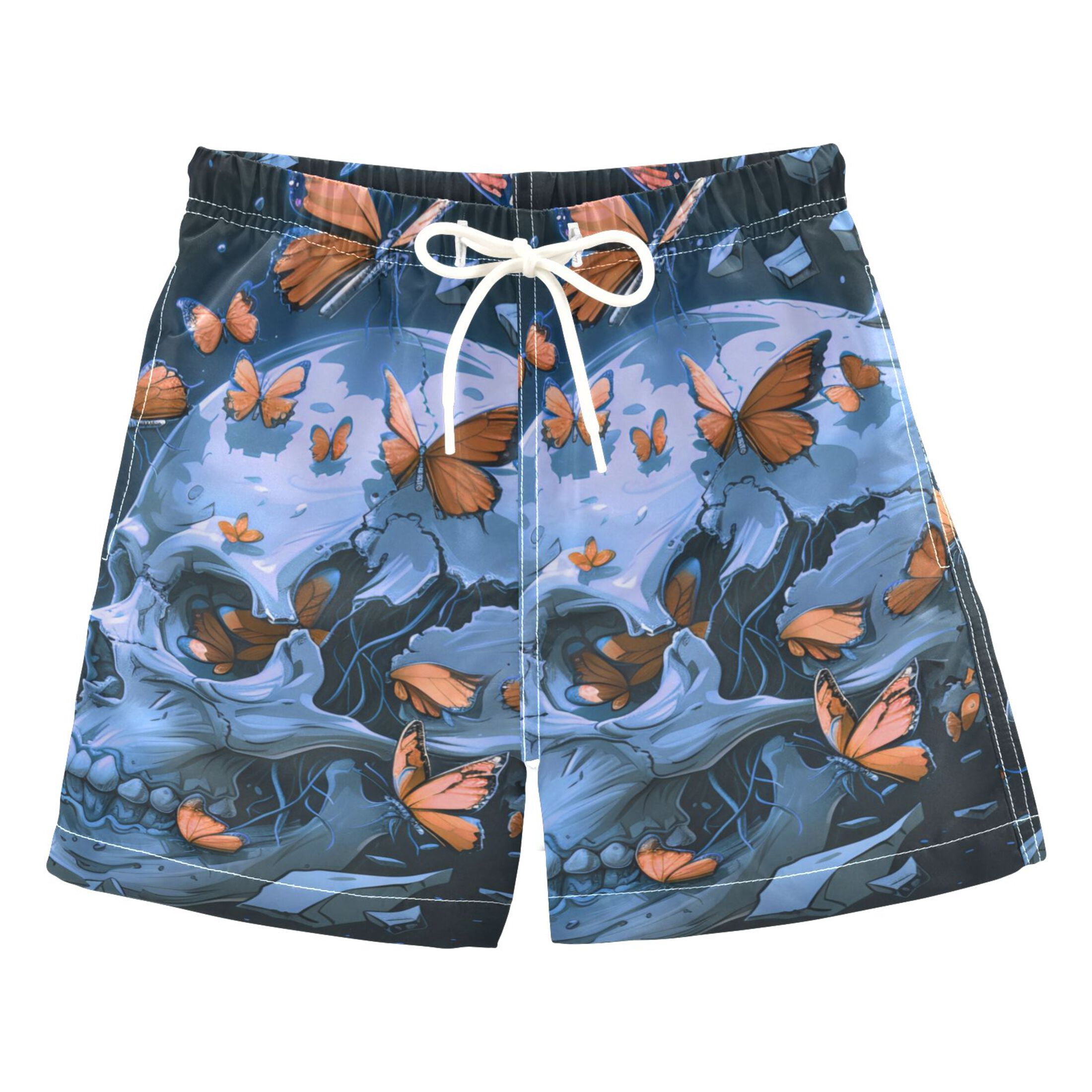 Blue Skull Orange Butterfly Swim Trunks Quick Dry Beach Pool Board ...