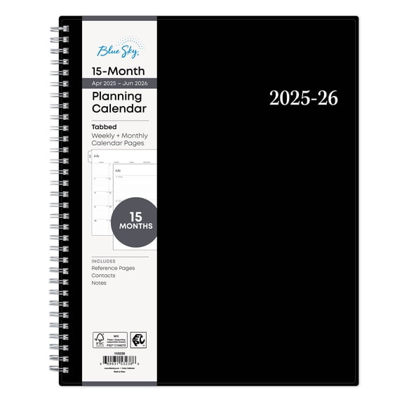 Blue Sky Monthly Weekly Large Planner, 8.5" x 11" Black 15-Month (April ...