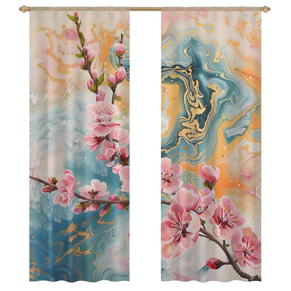 Blue Sky And Flora Tulle Curtains For Living Room Chiffon Sheer Voile ...