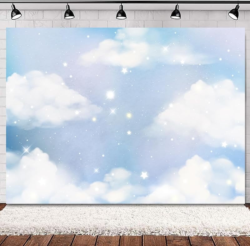 Blue Sky Backdrop White Cloud Banner Cartoon Pastel Birthday Twinkle ...