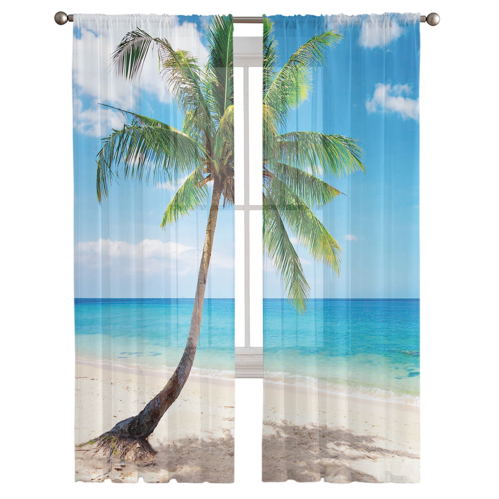 Blue Sky Beach Coconut Tree Sheer Curtain for Living Room Bedroom Voile ...