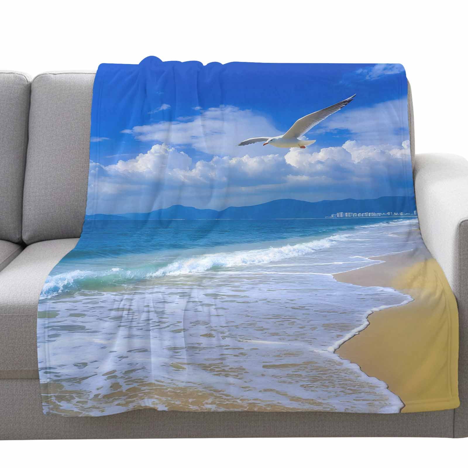 Blue Sky Beach Seagull Fleece Throw Blanket Lightweight Vintage Blue ...