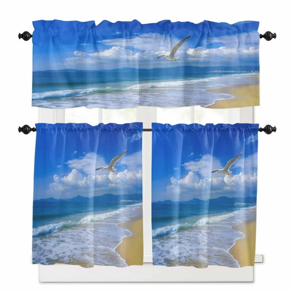 Blue Sky Beach Seagull Kitchen Curtains Valance and Tier Set Vintage ...