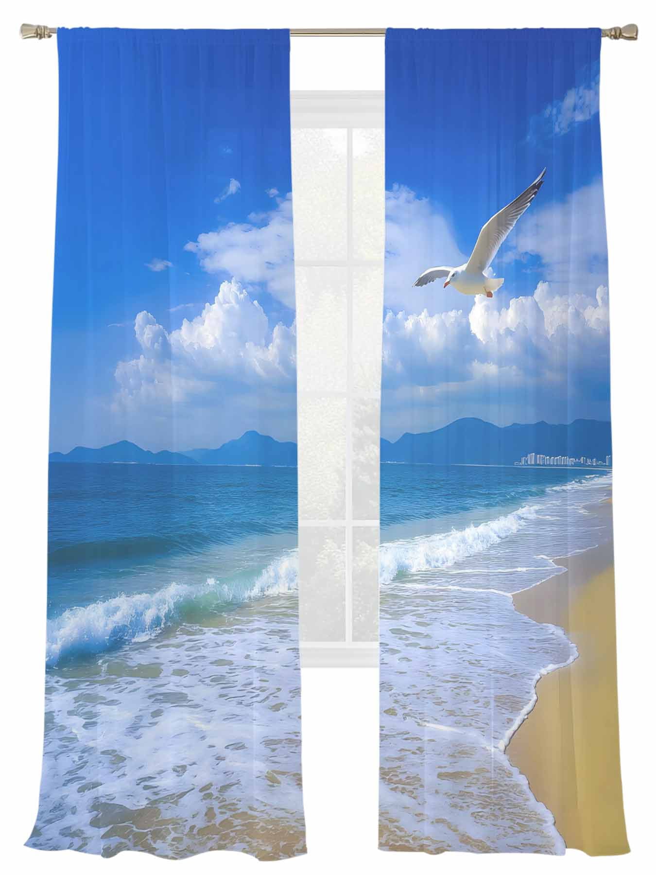 Blue Sky Beach Seagull Sheer Curtains 2 Panels Set Vintage Blue Ocean ...
