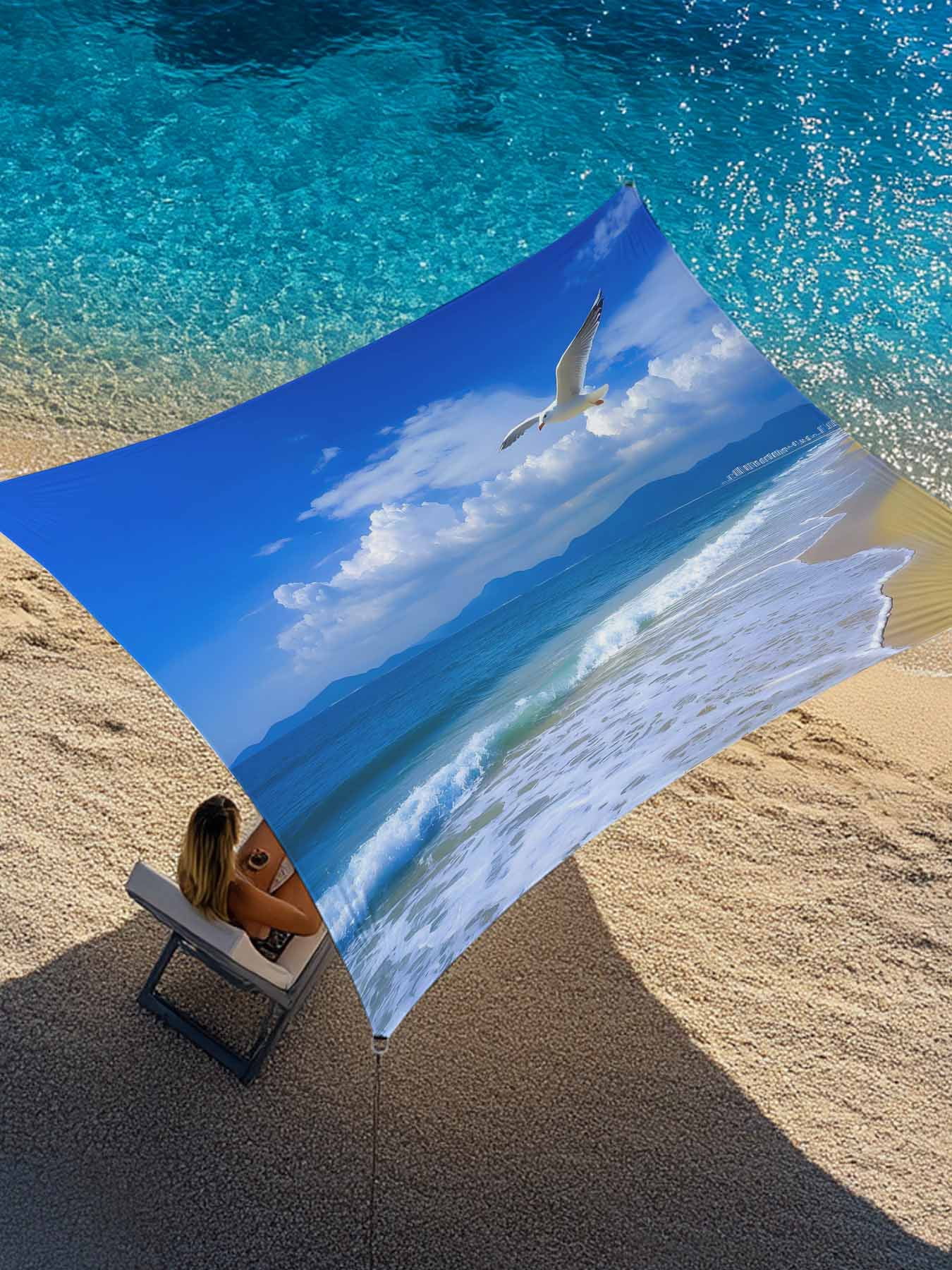 Blue Sky Beach Seagull Sun Shade Sail 6.5' x 10', Vintage Blue Ocean ...