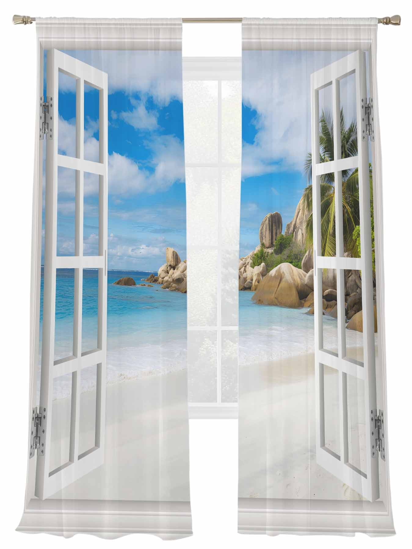 Blue Sky Beach Sheer Curtains 108 Inch Long 2 Panels, Coconut Trees ...
