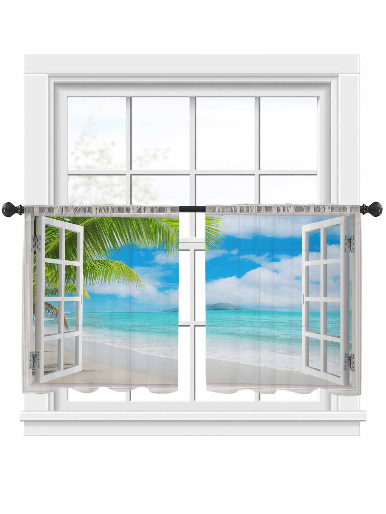 Blue Sky Beach Sheer Curtains 2 Panels Set Coconut Trees Island Windows ...