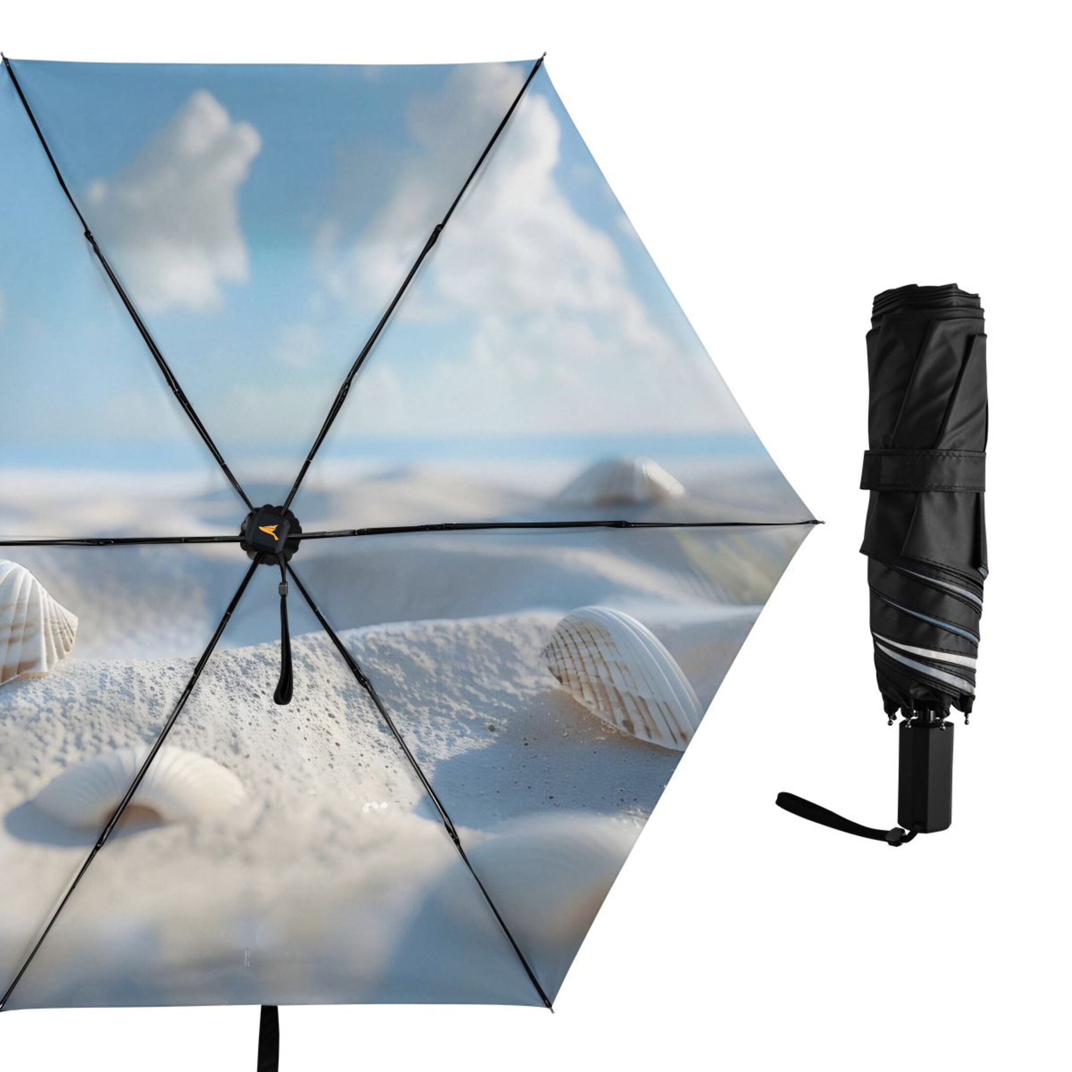 Blue Sky Beach Shells Triple Folding Umbrella Parasol 6 Ribs UV ...