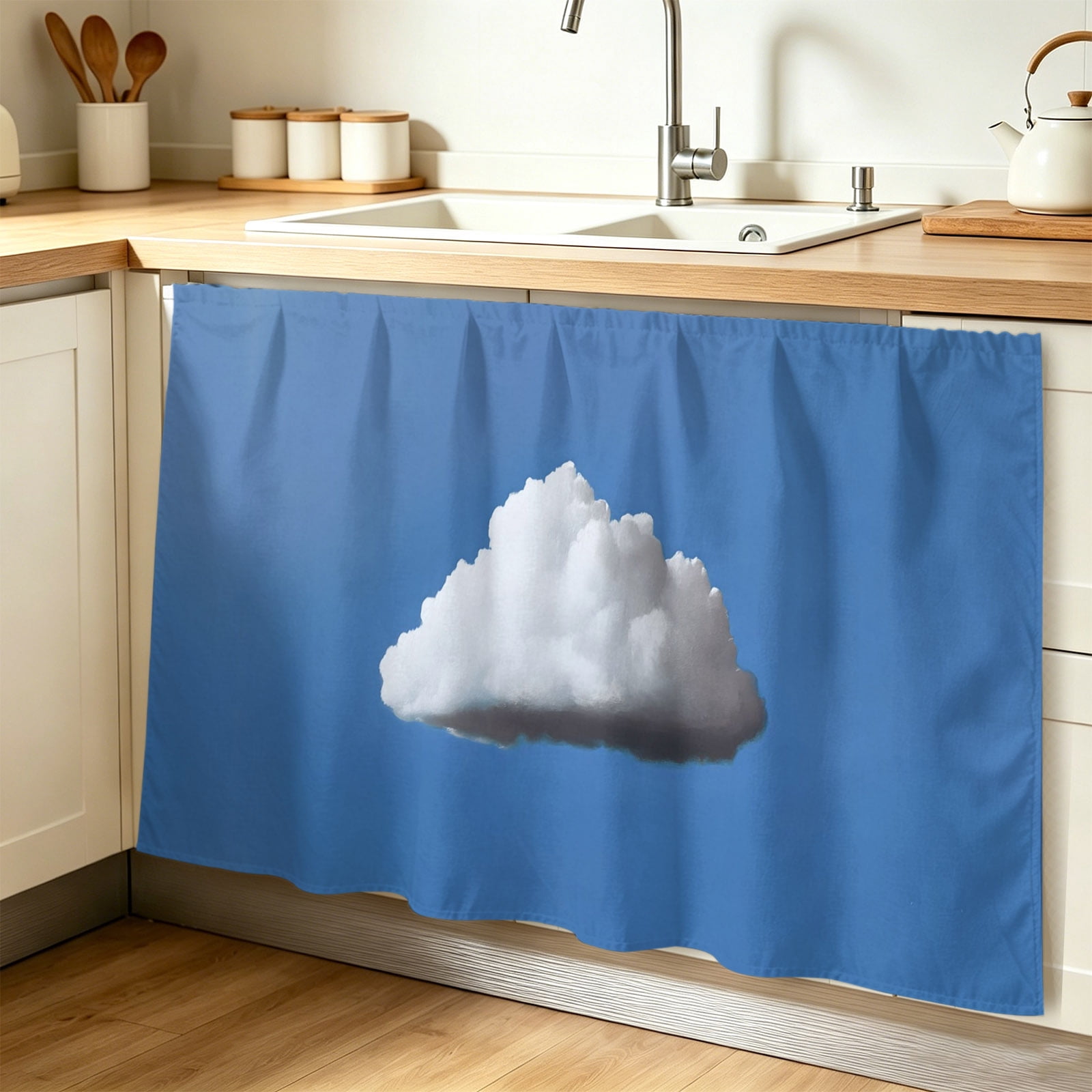 Blue Sky Cabinet Curtain 28"W x 51"L, Abstract Sky White Minimalist ...