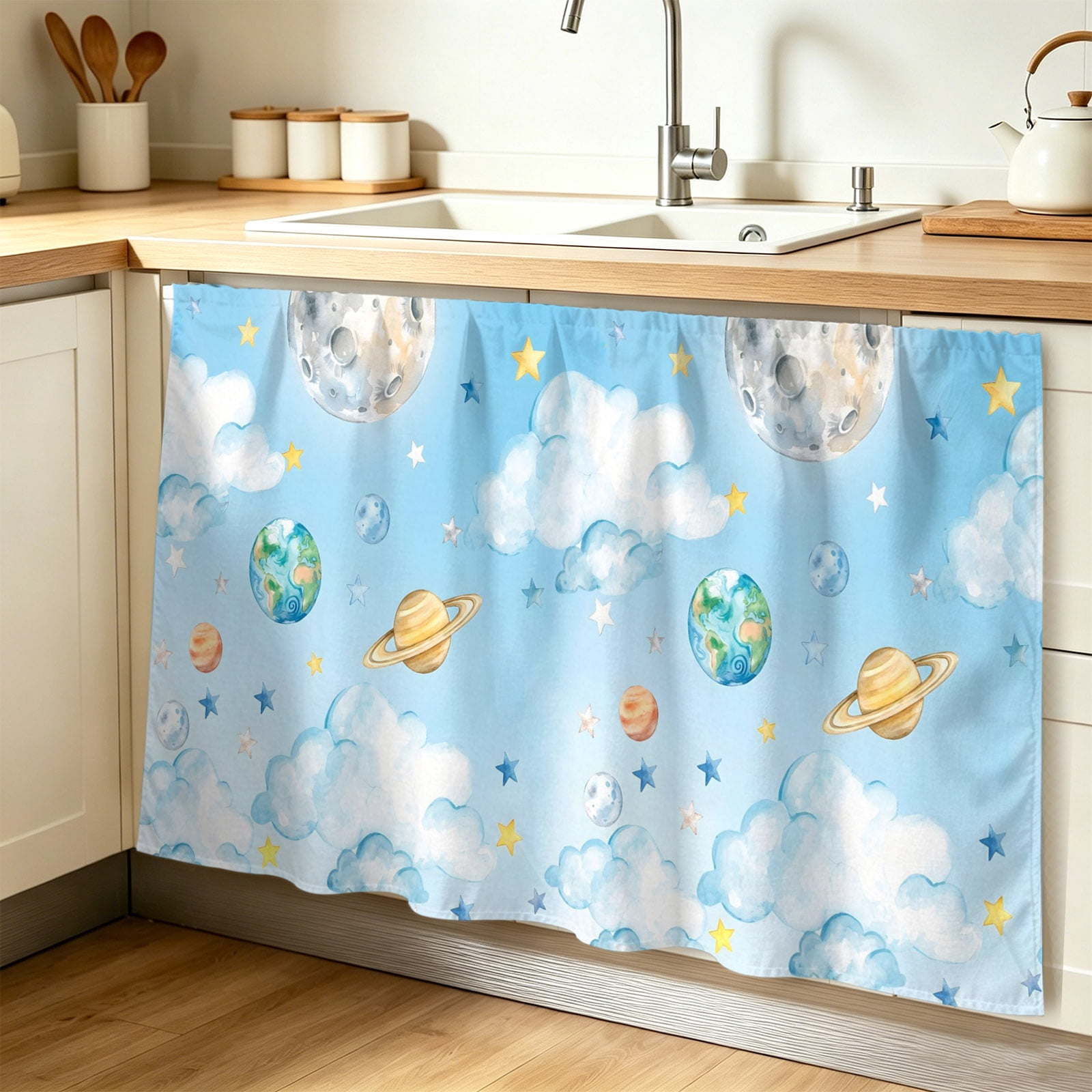 Blue Sky Cabinet Curtain 28"W x 51"L, Cartoon Cute Planets Universe ...
