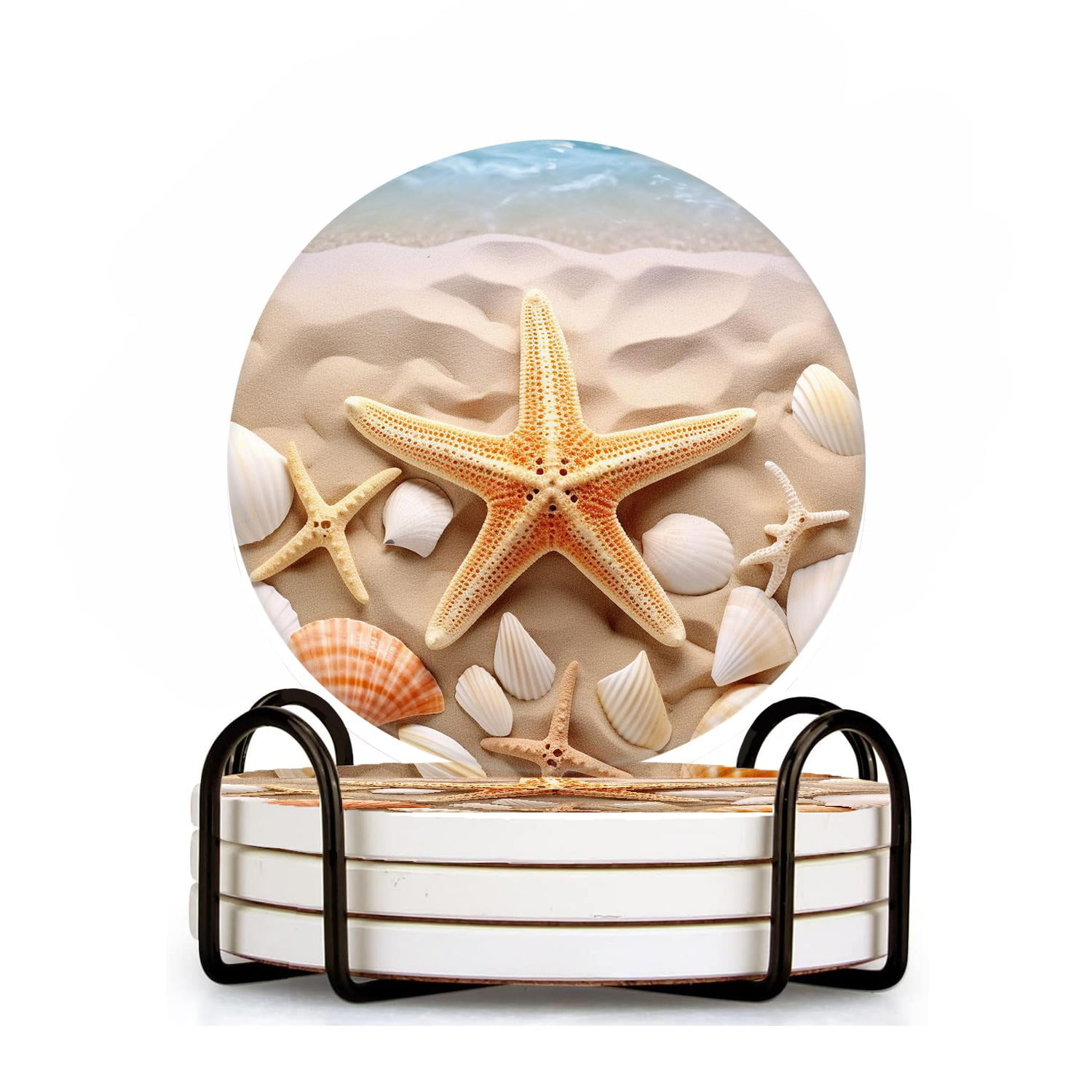 Blue Sky Cloud Starfish Sand Beach Beautiful Design Drink Coasters with ...