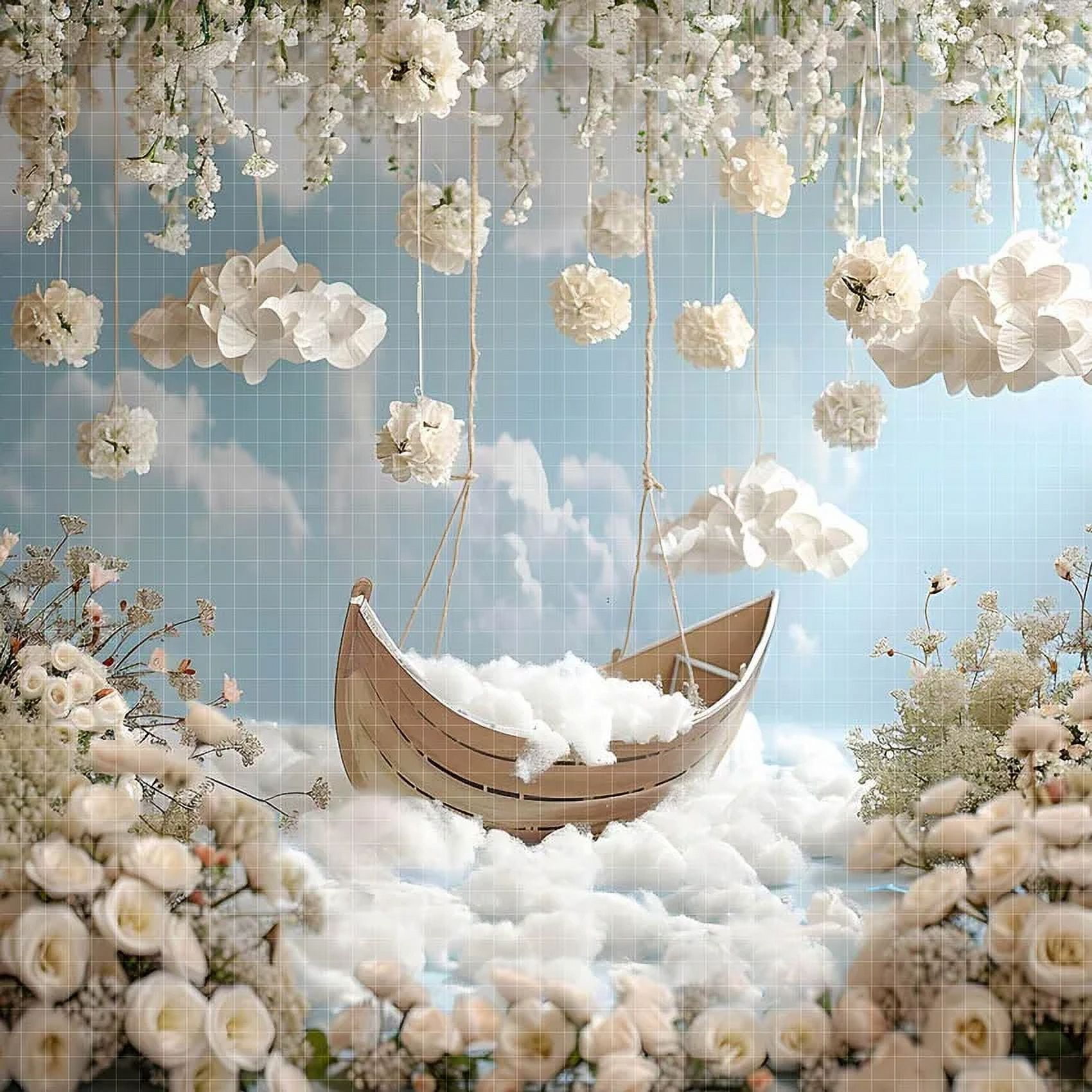 Blue Sky Clouds Floral Boat Newborn Baby Shower Birthday Portrait r ...