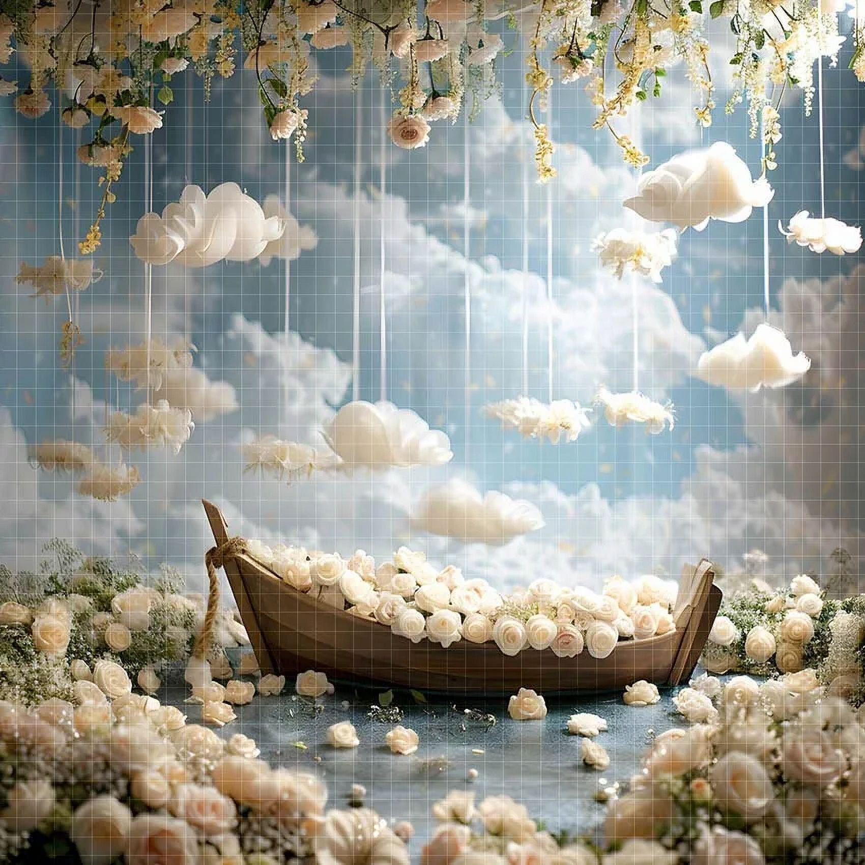Blue Sky Clouds Floral Boat Newborn Baby Shower Birthday Portrait r ...