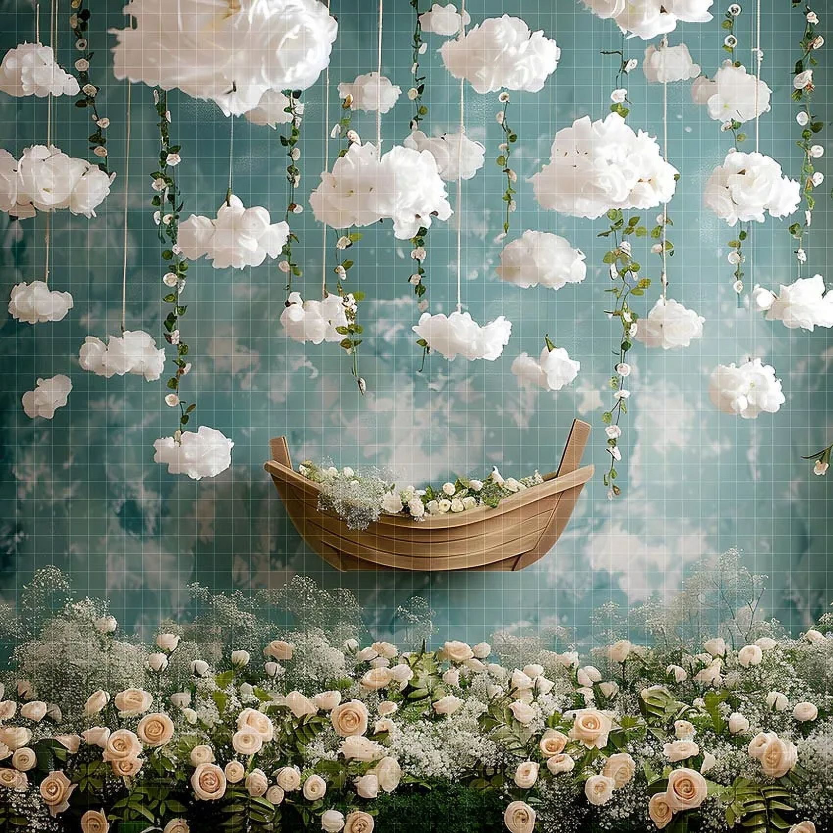 Blue Sky Clouds Floral Boat Newborn Baby Shower Birthday Portrait r ...